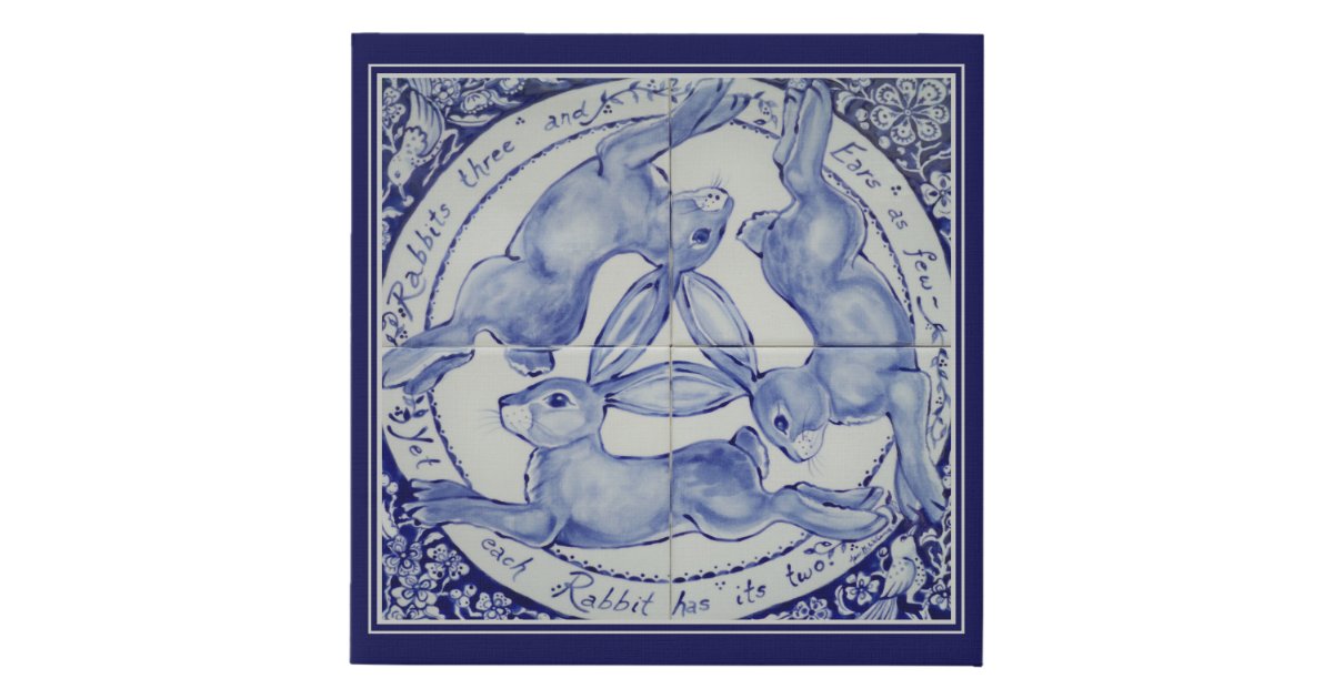 Three Hares Rabbits Blue & White Tile Mural Folk Faux Canvas Print | Zazzle