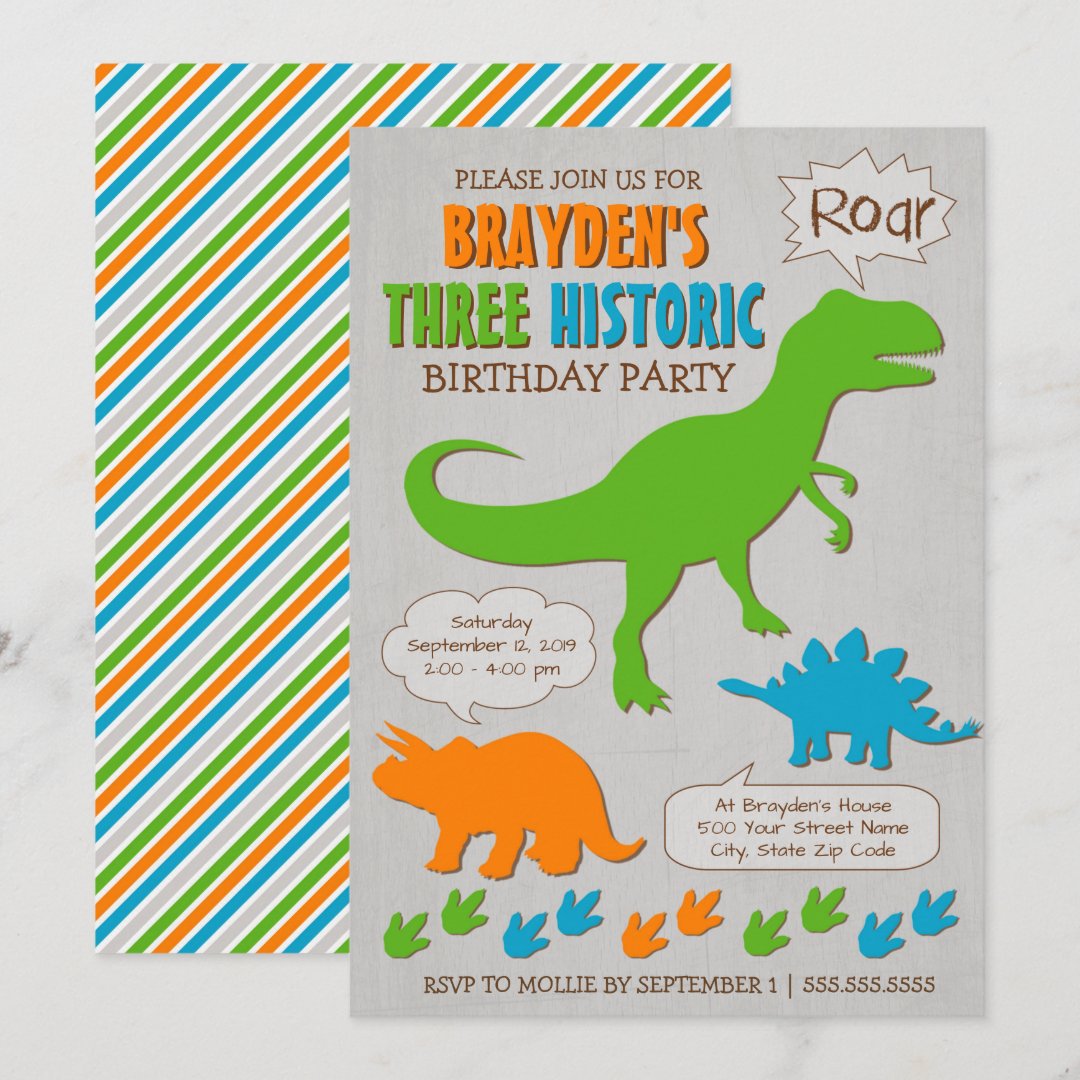 Three Historic Dinosaur Third Birthday Invitation | Zazzle