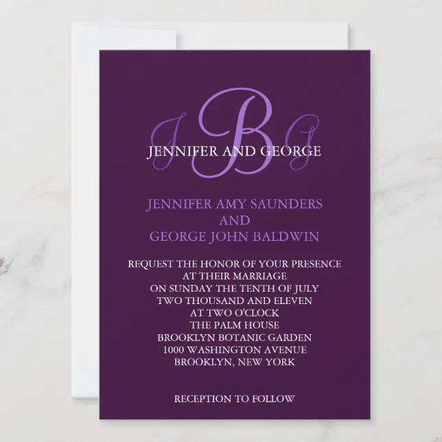 Three Initials Wedding Invitation Purple Mauve | Zazzle