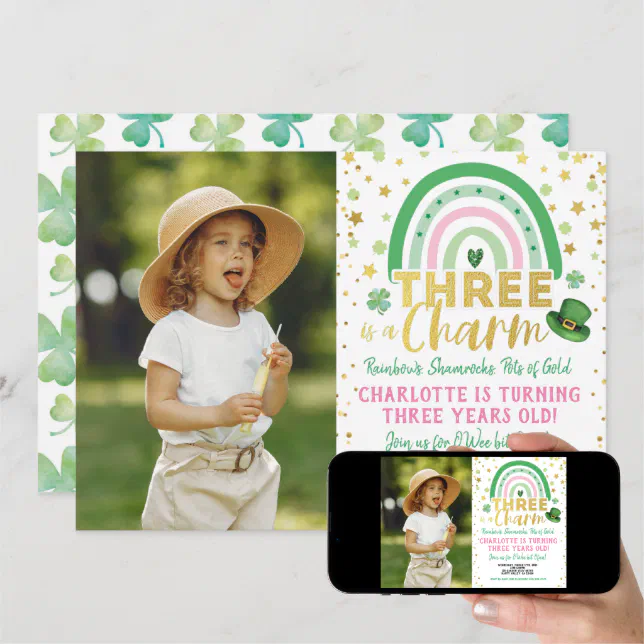 Three Is A Charm 3rd Birthday St Patrick's Photo I Invitation | Zazzle