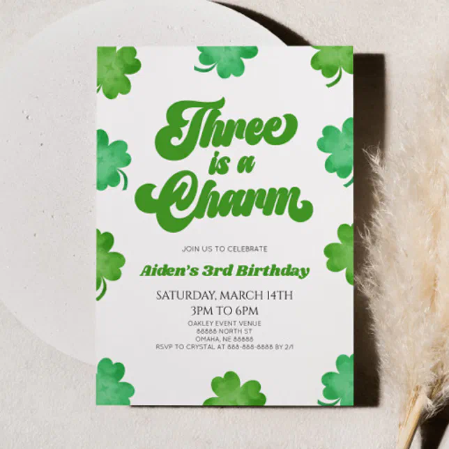 Three Is A Charm Green Clover 3rd Birthday Party Invitation | Zazzle
