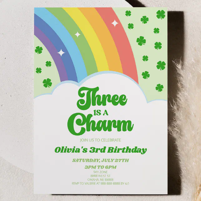 Three Is A Charm Rainbow 3rd Birthday Party Invitation | Zazzle