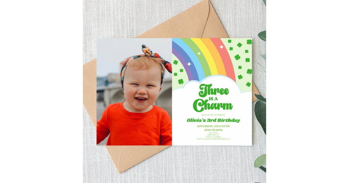 Three Is A Charm Rainbow Clover 3rd Birthday Party Invitation | Zazzle