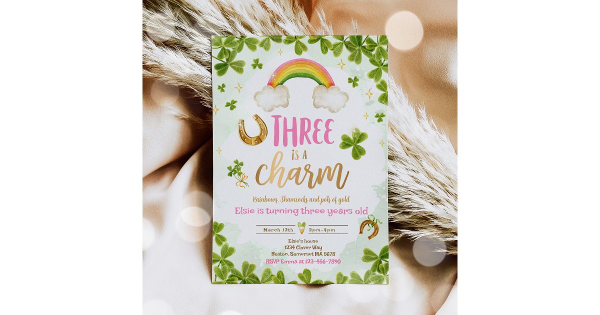 Three Is A Charm St Patrick's 3rd Birthday Party Invitation | Zazzle