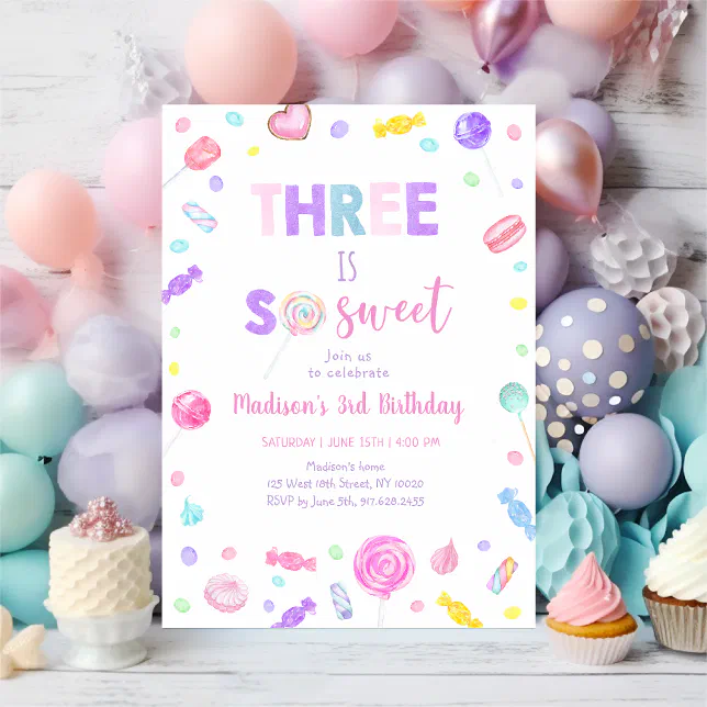 Three is So Sweet Candy Lollipop Birthday Invitation | Zazzle