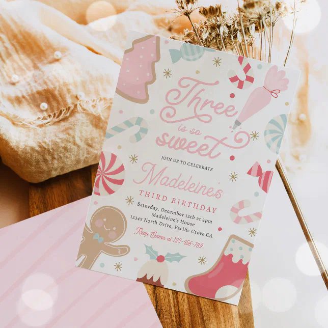Three Is So Sweet Christmas Cookie 3rd Birthday Invitation | Zazzle