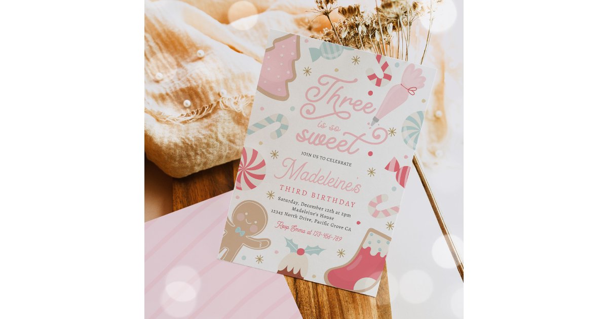 Three Is So Sweet Christmas Cookie 3rd Birthday Invitation | Zazzle