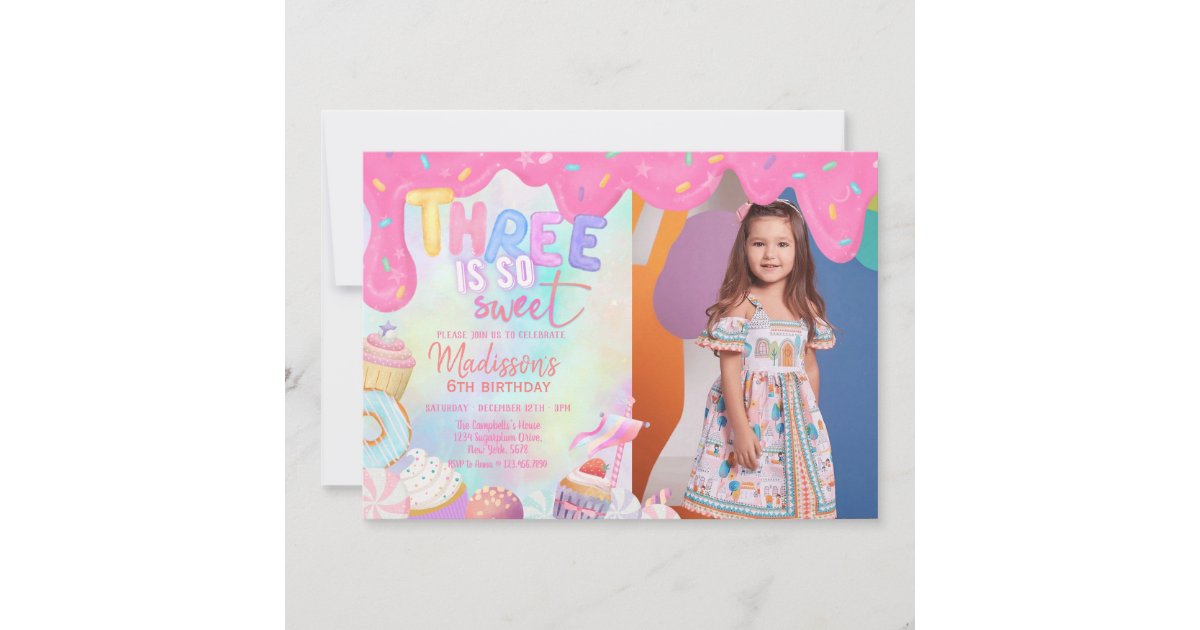 three is so sweet custom photo invitation | Zazzle