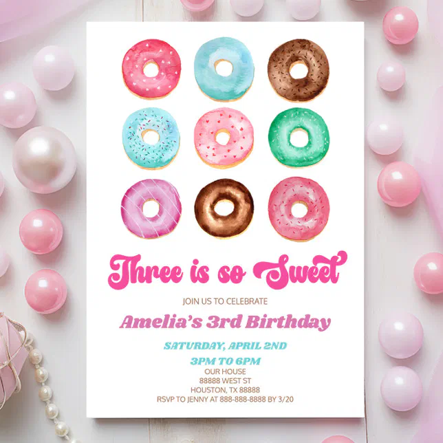 Three Is So Sweet Donut 3rd Birthday Party Invitation | Zazzle