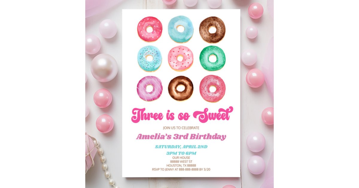 Three Is So Sweet Donut 3rd Birthday Party Invitation | Zazzle