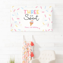 Three Is So Sweet Ice Cream 3rd Birthday Party Banner | Zazzle