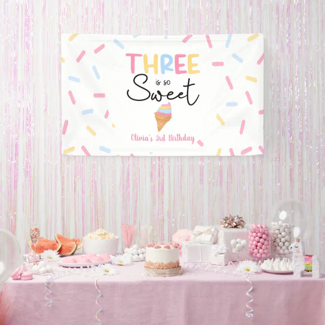 Three Is So Sweet Ice Cream 3rd Birthday Party Banner | Zazzle