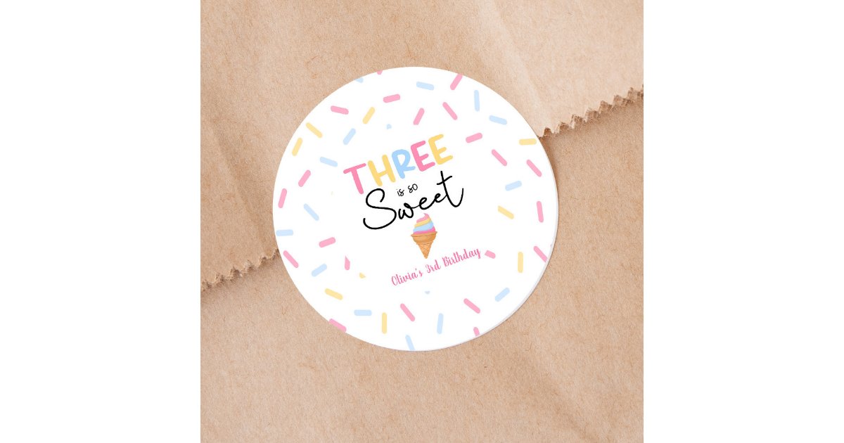 Three Is So Sweet Ice Cream 3rd Birthday Party Classic Round Sticker ...