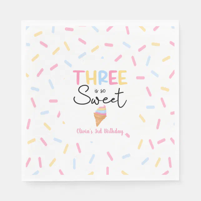 Three Is So Sweet Ice Cream 3rd Birthday Party Napkins | Zazzle