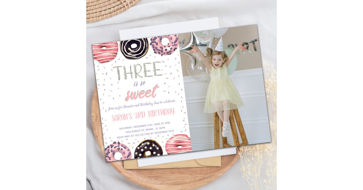Three is Sweet Donut Birthday Invitations photo | Zazzle
