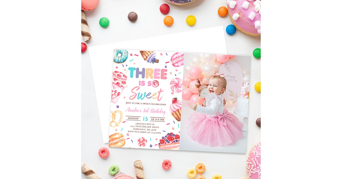 Three Is Sweet Donut Candy 3rd Birthday Photo Invitation | Zazzle