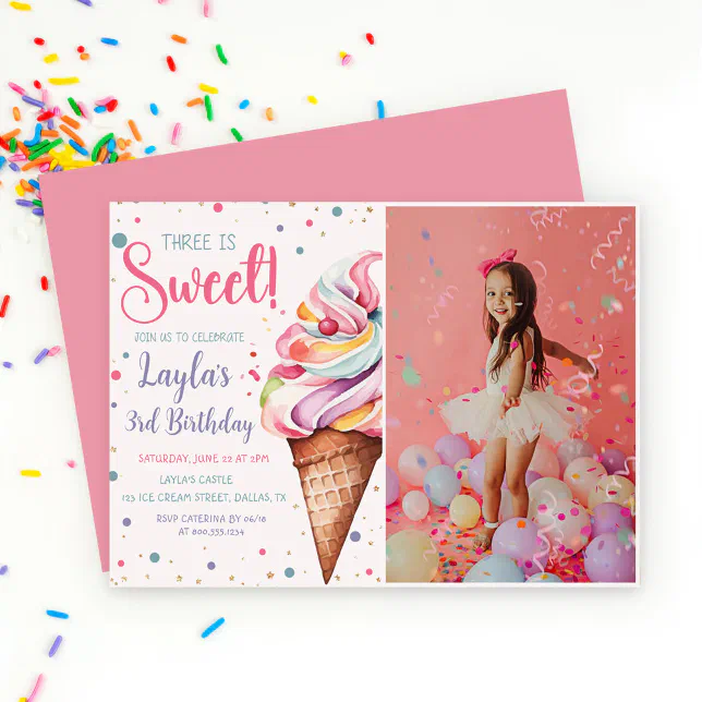 Three is Sweet Ice Cream 3rd Birthday Photo Invitation | Zazzle