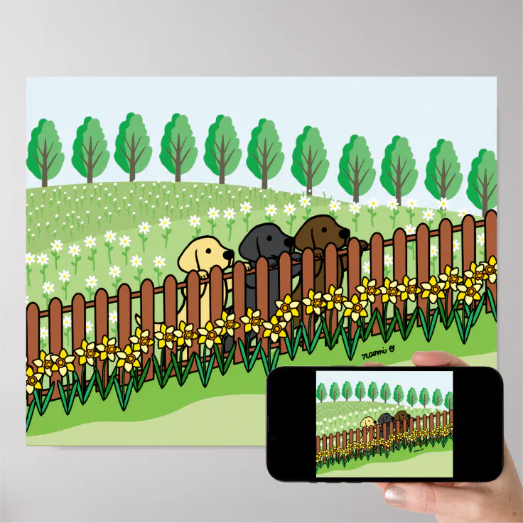 Three Labrador Puppies and Daffodils Poster | Zazzle