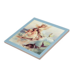 Three Mermaids with Dolphin Ceramic Tile | Zazzle
