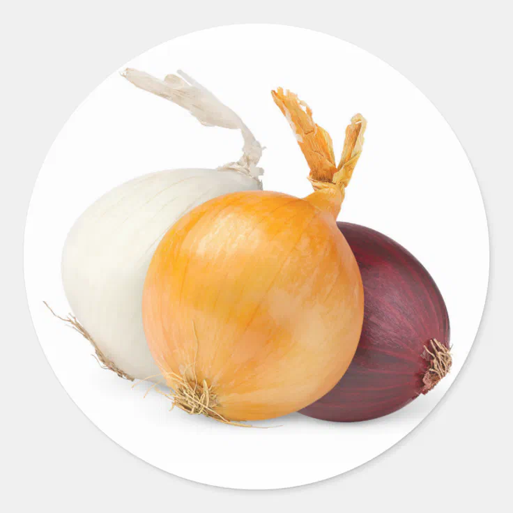 Three onions of various colors classic round sticker | Zazzle