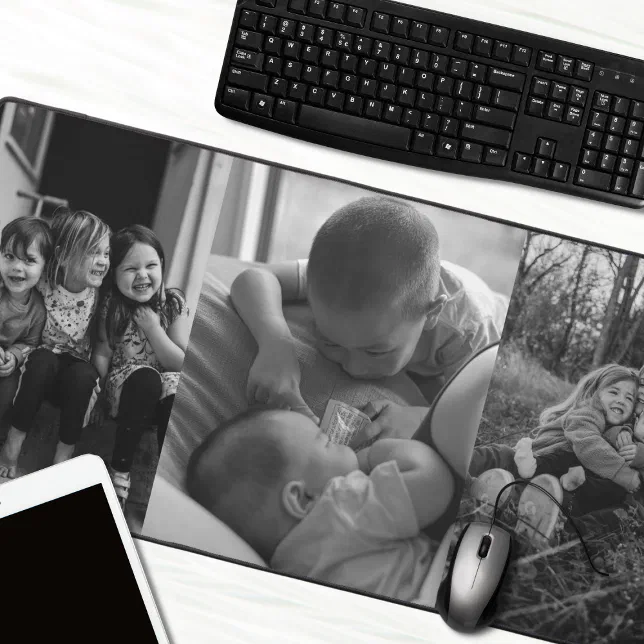 Three Photo Black and White Desk Mat | Zazzle