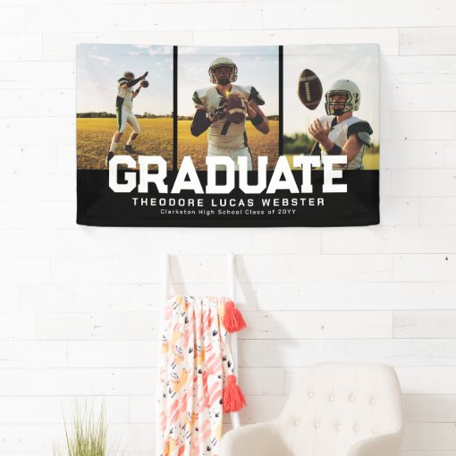 Three photo graduate bold sporty black graduation banner | Zazzle