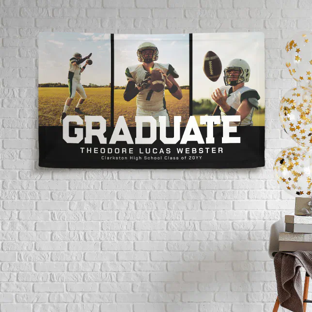 Three photo graduate bold sporty black graduation banner | Zazzle