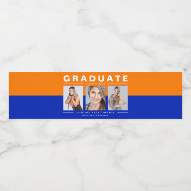 Three Photo Graduation Collage Orange and Blue Wat Water Bottle Label ...