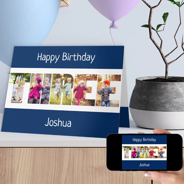 THREE Photo Letters Blue Boys 3rd Birthday Card | Zazzle