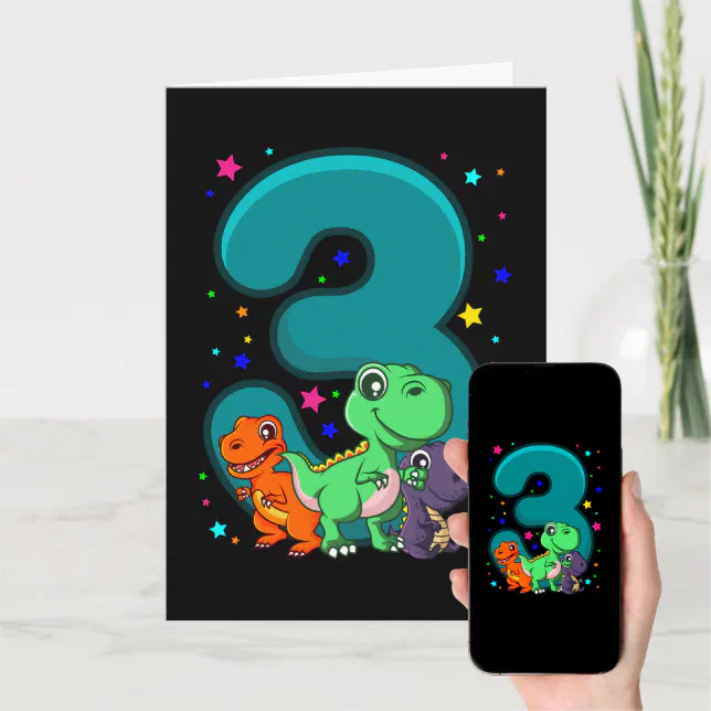 THREE REX 3 Year Old 3rd Birthday Kids Dino Card | Zazzle