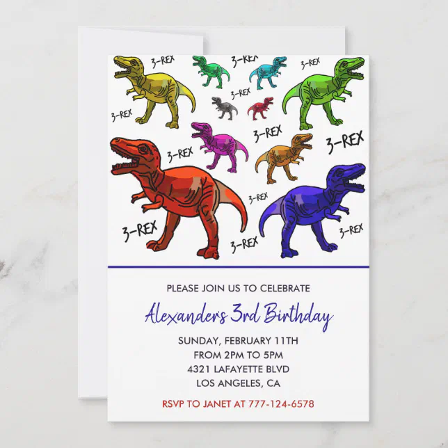 Three rex birthday invitation colorful boy | Zazzle