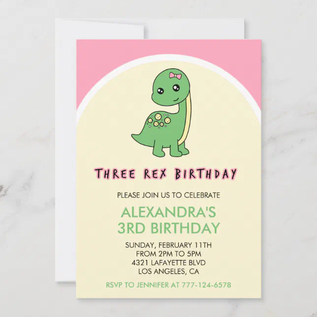 Three rex birthday invitation girl dinosaur 3rd | Zazzle
