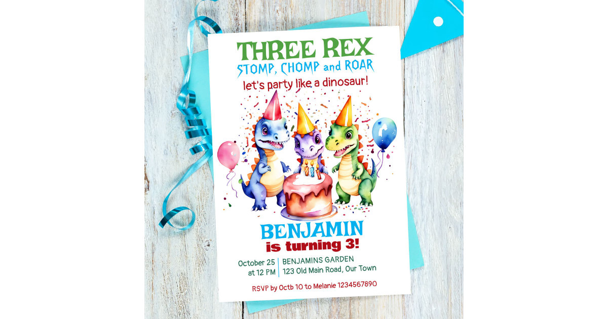 Three rex cute dinosaurs birthday party invitation | Zazzle