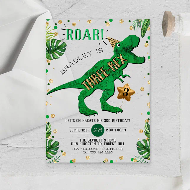 Three-Rex Dinosaur 3rd Birthday Acrylic Invitations | Zazzle