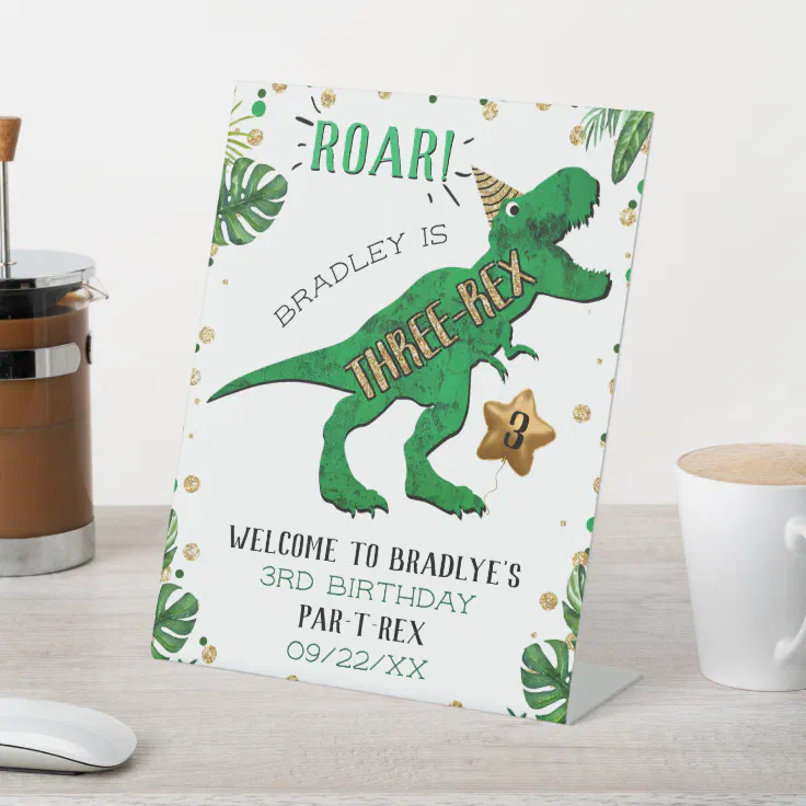Three-Rex Dinosaur 3rd Birthday Welcome Pedestal Sign | Zazzle