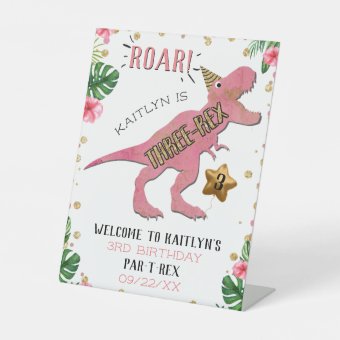 Three-Rex Dinosaur 3rd Birthday Welcome Pedestal Sign | Zazzle