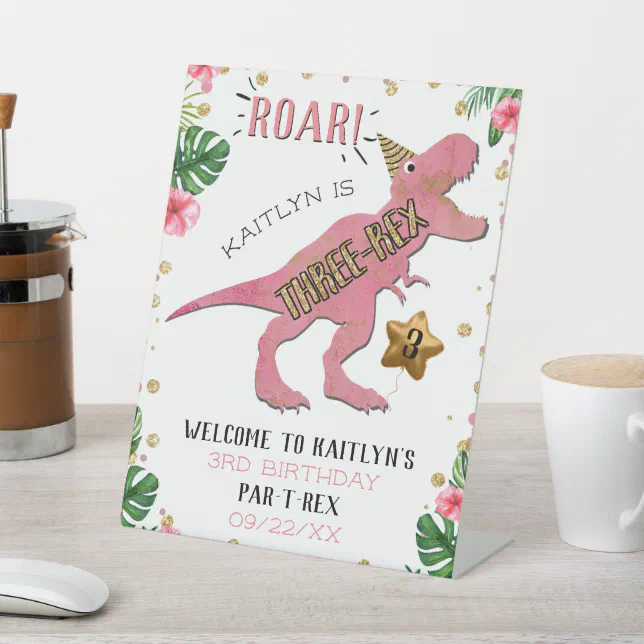 Three-Rex Dinosaur 3rd Birthday Welcome Pedestal Sign | Zazzle