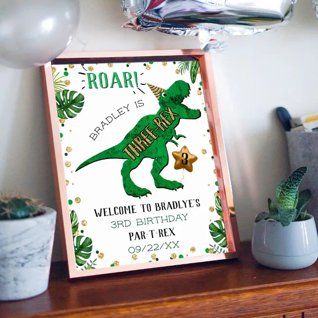 Three-Rex Dinosaur 3rd Birthday Welcome Poster | Zazzle