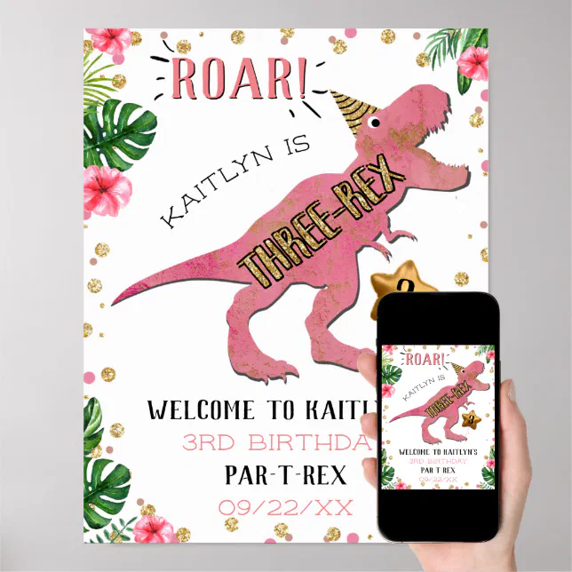 Three-Rex Dinosaur 3rd Birthday Welcome Poster | Zazzle