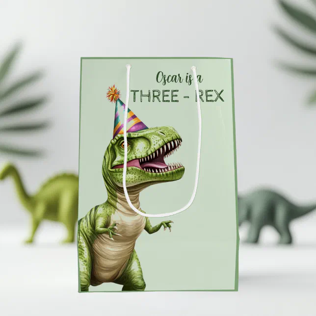 Three-Rex Dinosaur Birthday Gift Bag | Green Dino | Zazzle