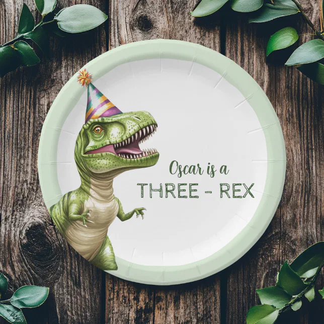 Three-Rex Dinosaur Birthday | Green Dino Paper Plates | Zazzle