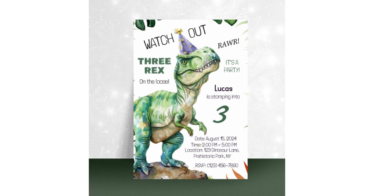 Three Rex Dinosaur Birthday Invitation | Zazzle