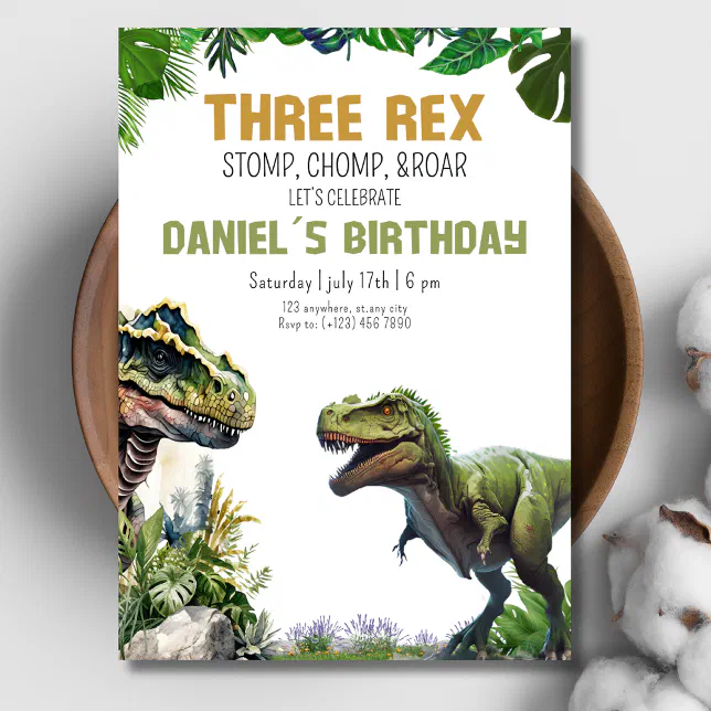 Three Rex Dinosaur Printable birthday invitation | Zazzle
