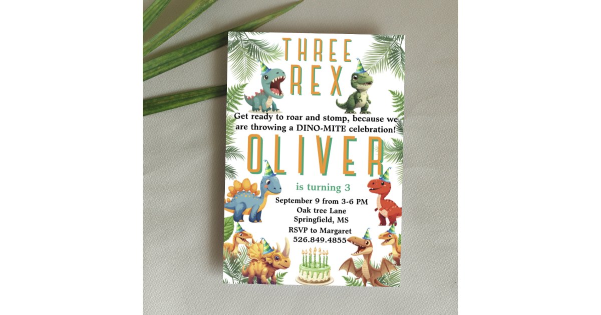 Three rex Dinsoaur birthday,watercolor t-rex Invitation | Zazzle
