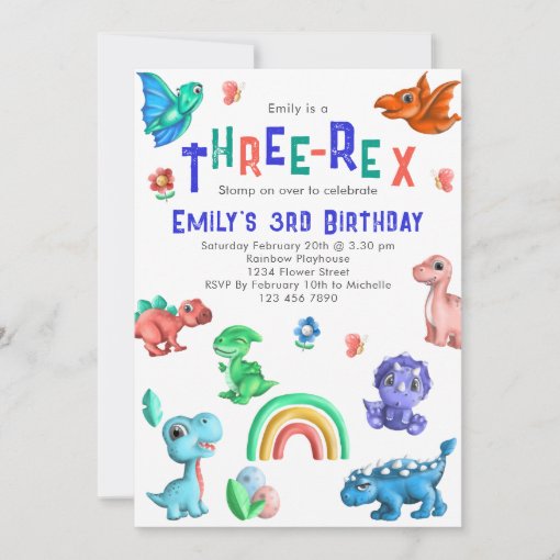 Three-Rex Girls 3rd Birthday Dinosaur Party Dino Invitation | Zazzle