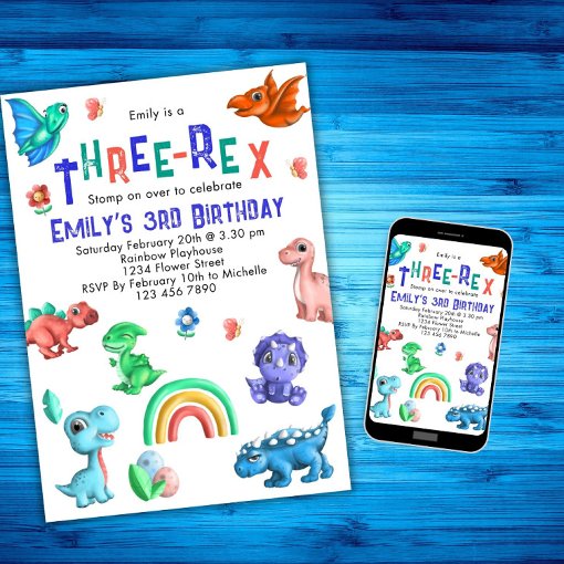 Three-Rex Girls 3rd Birthday Dinosaur Party Dino Invitation | Zazzle