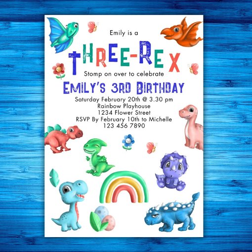 Three-Rex Girls 3rd Birthday Dinosaur Party Dino Invitation | Zazzle