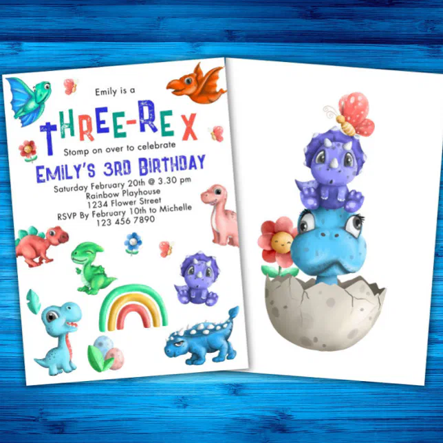 Three-Rex Girls 3rd Birthday Dinosaur Party Dino Invitation | Zazzle