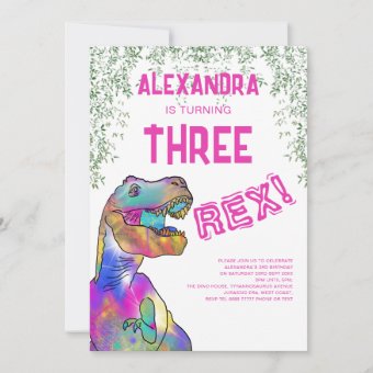 Three Rex Girls Dinosaur Birthday Party Invitation | Zazzle