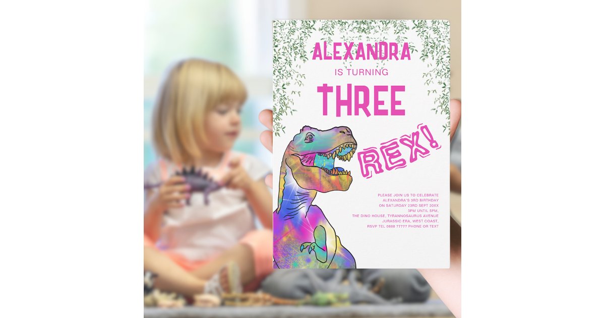 Three Rex Girls Dinosaur Birthday Party Invitation | Zazzle